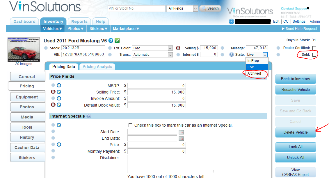 Using the Delete Vehicle Button