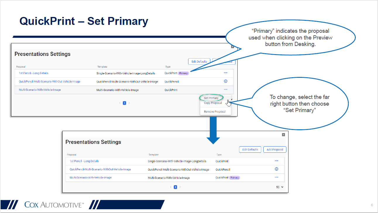 How do you set a primary QuickPrint Proposal?